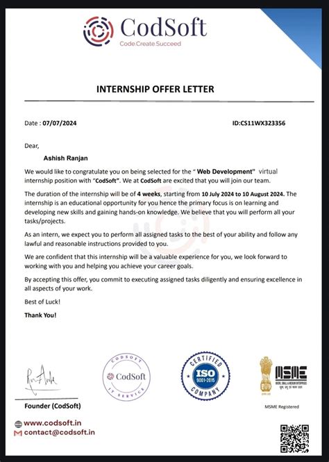 Ashish Ranjan On Linkedin Codsoft Webdevelopment Internship Fullstackdeveloper Careergrowth