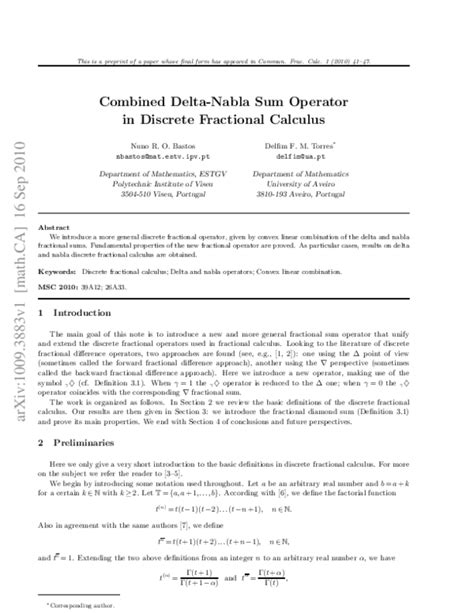 Pdf Combined Delta Nabla Sum Operator In Discrete Fractional Calculus Delfim F M Torres