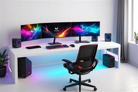 현대적인 게이머 컴퓨터 책상 설정 Rgb 조명 Pc 컴퓨터 화이트 스크린 모 게이밍 키보드 게이밍 의자 프리미엄 Ai 생성 이미지