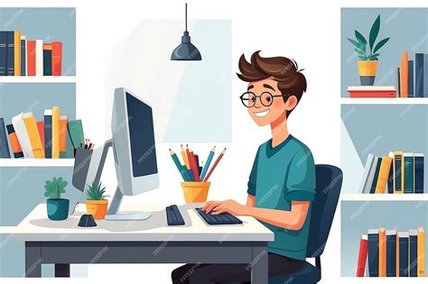 Premium Photo Young Boy Working At Computer Flat Vector Illustration