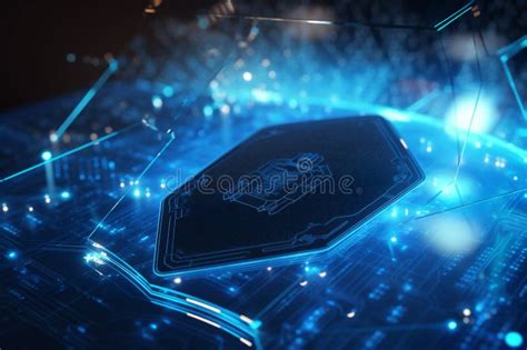 Digital Cyber Security Concept Shield On Circuit Board Background With Blue Lights Abstract