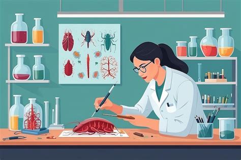 실험실 생물학 해부 교사 는 표본 연구 평면 터 일러스트레이션 을 시연 하고 있다 프리미엄 사진