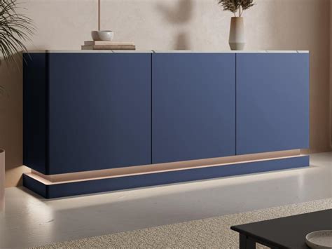 Buffet 3 Portes Avec Leds En Mdf Bleu Et Effet Marbre Blanc Devika De Pascal Morabito