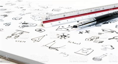 줄기 교육 배경 개념입니다 줄기과학 기술 공학 및 수학 배경 펜 통치자와 낙서 아이콘 교육 Stem 주제에 대한 스톡 사진 및 기타 이미지 Istock