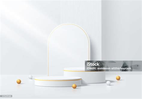 황금 공 아치 배경 벽 장면이 있는 현실적인 흰색 3d 원통형 연단 배경 미니멀리스트 모형 받침대 추상 제품 디스플레이 프레젠테이션 무대 쇼케이스 플랫폼 벡터 디자인 0명에