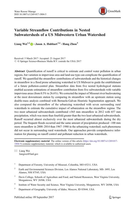 Pdf Variable Streamflow Contributions In Nested Subwatersheds Of A Us Midwestern Urban Watershed