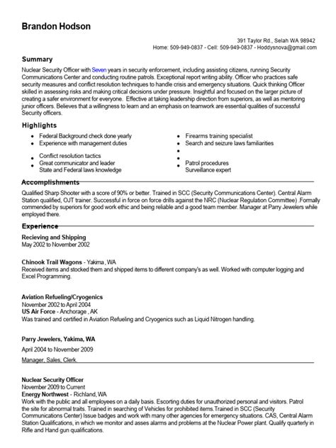 Dice Resume Cv Brandon Hodson Pdf Security Guard