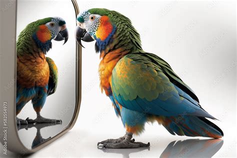 Closeup Portrait Of A Parrot Standing In Front Of A Mirror Msr Mirror Self Recognition Test