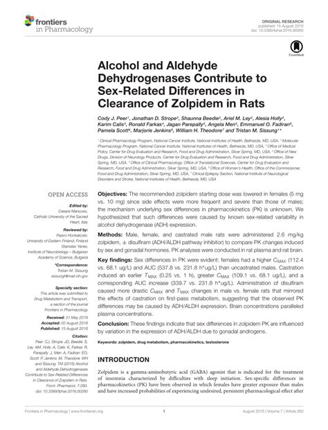 Pdf Alcohol And Aldehyde Dehydrogenases Contribute To Sex Related Differences In Clearance Of