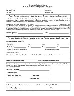 California School Medication Request Form Blank Fillable Template