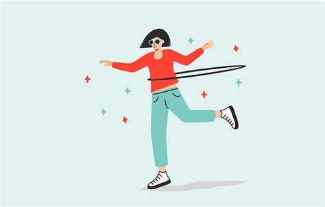 허리 플랫 일러스트레이션을 중심으로 훌라 후프를 돌리는 트렌디한 여성 후프 댄스에 대한 스톡 벡터 아트 및 기타 이미지 후프 댄스 플라스틱 후프 개념 Istock