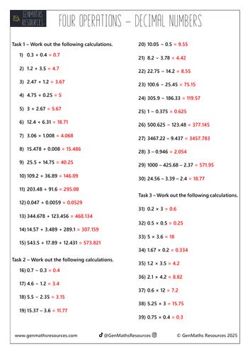 Four Operations Decimal Numbers Maths Gcse Worksheet Teaching Resources