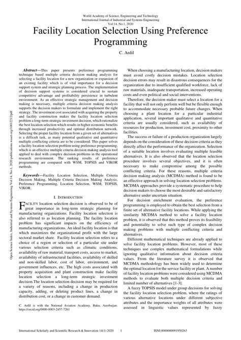 Pdf Facility Location Selection Using Preference Programming