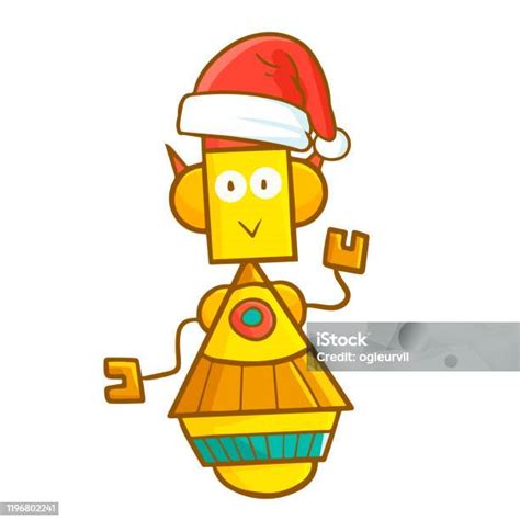 Robot Kuning Mengenakan Topi Santa Untuk Natal Ilustrasi Stok Unduh Gambar Sekarang Berlibur