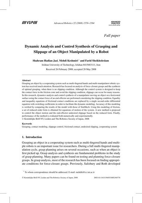 Pdf Dynamic Analysis And Control Synthesis Of Grasping And
