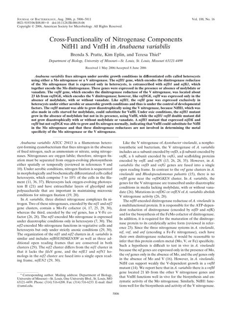 PDF Cross Functionality Of Nitrogenase Components NifH1 And VnfH In