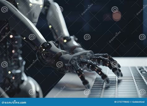 humanoid robot hands typing on a computer keyboard generative ai stock