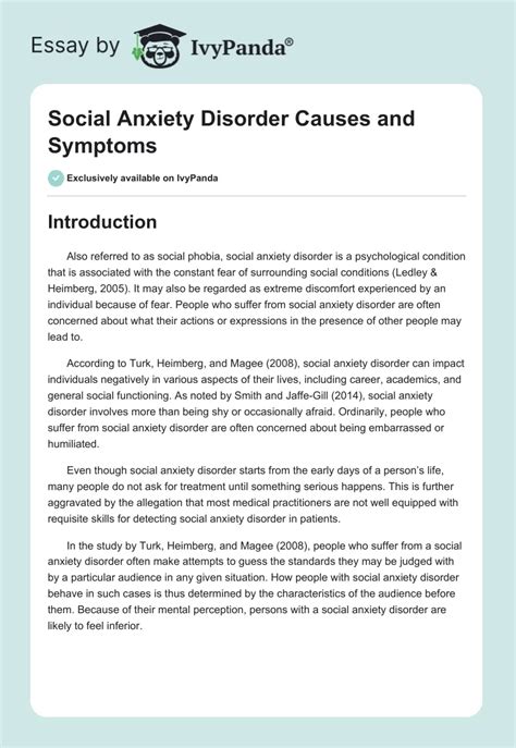 Social Anxiety Disorder Causes And Symptoms 1412 Words Research
