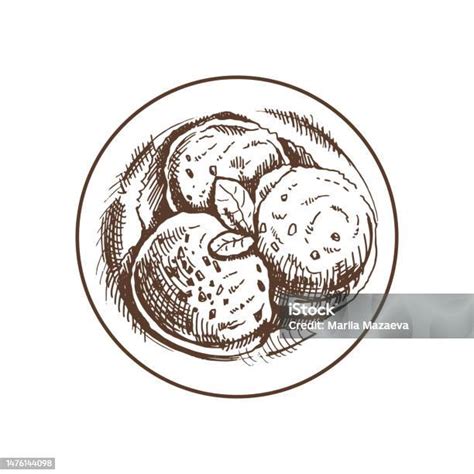 접시에 아이스크림 공의 손으로 그린 스케치 평면도 빈티지 그림입니다 라벨 포장 및 엽서 디자인을위한 요소 검은색에 대한 스톡 벡터 아트 및 기타 이미지 Istock