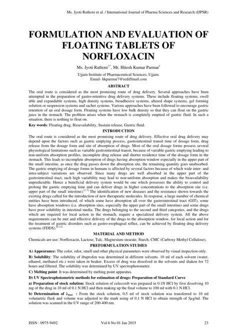 Pdf Formulation And Evaluation Of Floating Tablets Of Norfloxacin
