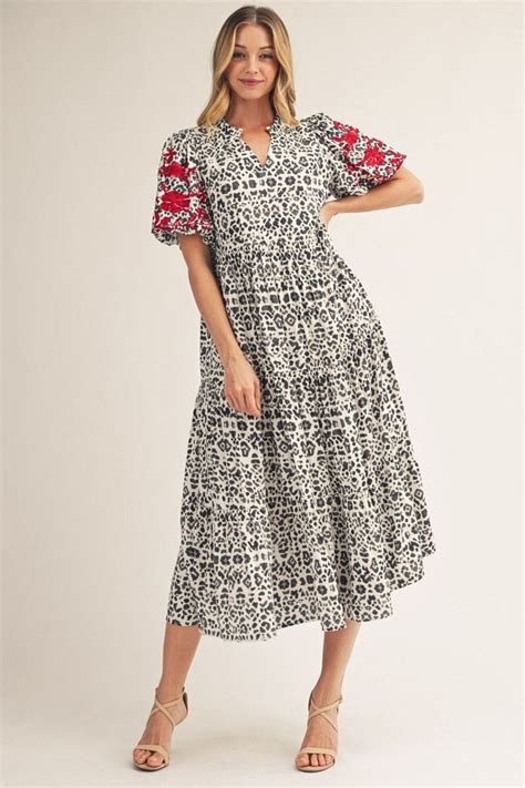 Jodifl Tribal Inspired Pattern Midi Dress With Floral Embroidered Puff