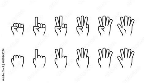 Finger Counting Gestures Linear Style Icon Set Hands Showing Numbers One Through Five Hand
