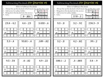 Subtracting Decimals Practice Worksheets Subtraction TPT