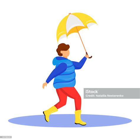 코트 플랫 컬러 벡터 얼굴없는 캐릭터에 소년 검부츠에서 백인 아이를 실행합니다 비오는 날씨 가을 젖은 날 흰색 배경에 손으로