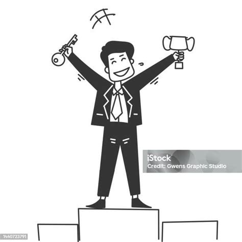 손으로 그린 낙서 금색 열쇠와 트로피 컵 그림 벡터를 들고 있는 비즈니스 사람 열쇠에 대한 스톡 벡터 아트 및 기타 이미지 열쇠 쥠 1 Istock