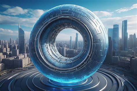 Futuristic Torus Technology Textured Object On Blue Citybackground 3d Rendering Premium Ai