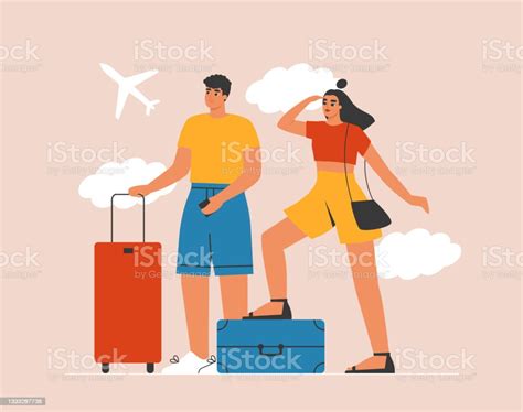 공항에서 수하물을 가진 관광객 비행기로 해외에서 휴가를 가는 가방을 가진 젊은 여행 부부 여름 휴가 여행 여행 개념 여행 주제에 대한 스톡 벡터 아트 및 기타 이미지