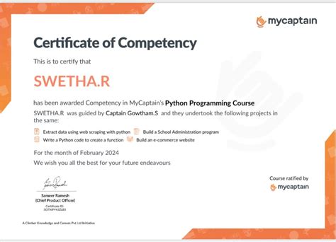 R Swetha On Linkedin I Have Completed The Mycaptain Python