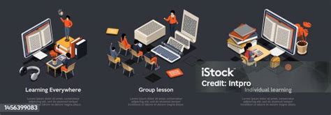 어디서나 온라인 공부 그룹 및 개인 원격 온라인 E 러닝 자기 교육 책상에서 선생님의 말을 듣고 원격 과정을 수강하는 학생들 아이소메트릭 3d 벡터 일러스트 세트 3차원