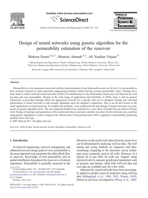 Pdf Design Of Neural Networks Using Genetic Algorithm For The Permeability Estimation Of The