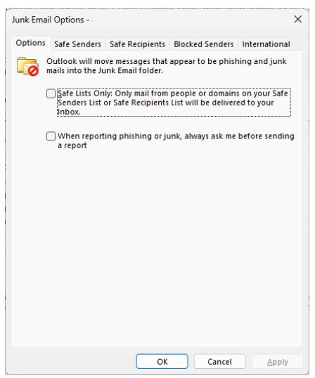 Outlook Junk Filtering Is Running But The Junk Email Options Settings Are Removed Microsoft