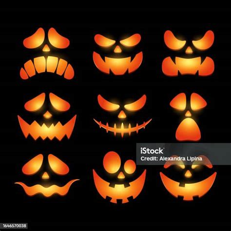 무섭고 재미있는 빛나는 얼굴 할로윈 호박과 유령의 얼굴 몬스터 실루엣 수집에 대한 스톡 벡터 아트 및 기타 이미지 수집 호박 등불 10월 Istock
