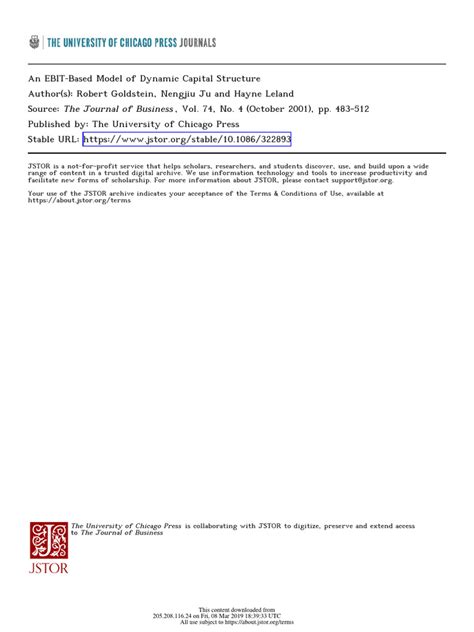 Ebit Based Model Of Dynamic Capital Structure 2001 Pdf Capital