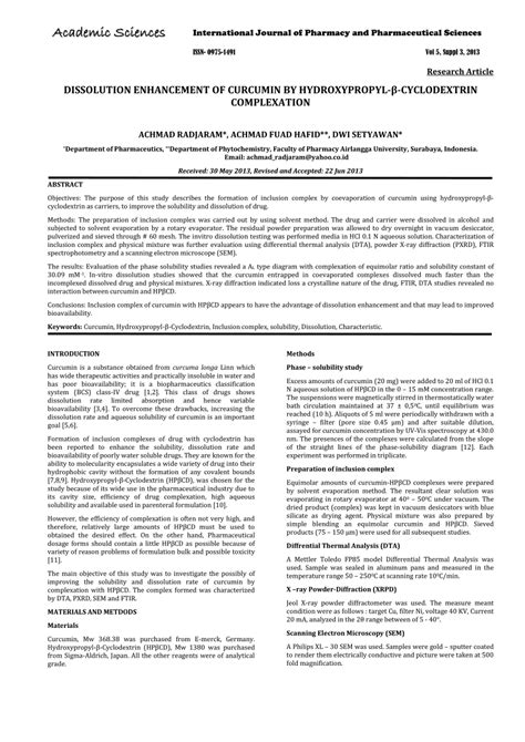 Pdf Dissolution Enhancement Of Curcumin By Hydroxypropyl β Cyclodextrin Complexation