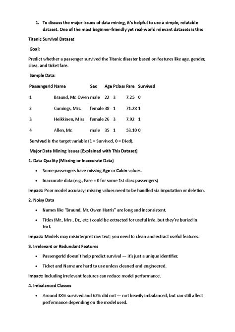 Data Mining Issues Explored With Titanic Dataset Cs101 Final Exam