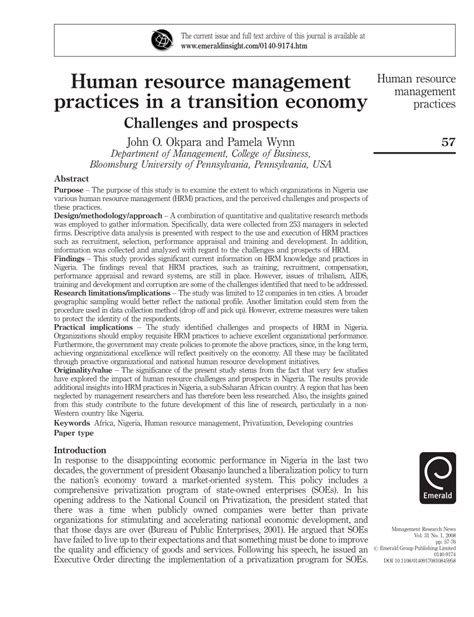 Pdf Human Resource Management Practices In A Transition Economy Challenges And Prospects