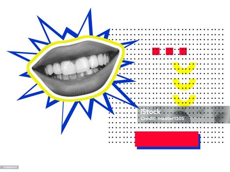현대적인 디자인 현대 미술 콜라주 영감 아이디어 트렌디 한 도시 잡지 스타일 점선 배경에 통통한 입술을 가진 여성의 입 0명에 대한 스톡 사진 및 기타 이미지 Istock
