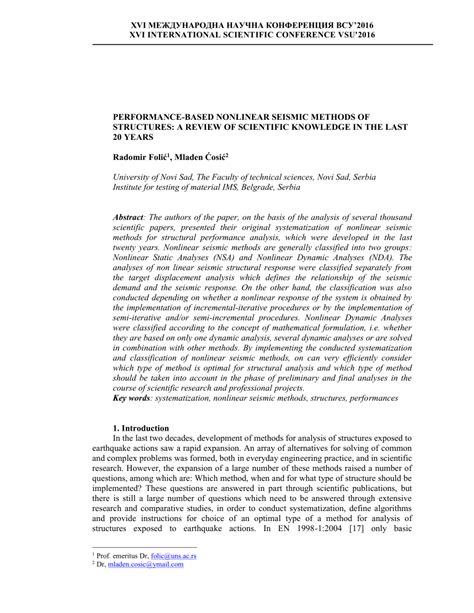 Pdf Performance Based Non Linear Seismic Methods Of Structures A Review Of Scientific