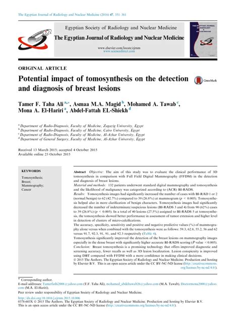 Potential Impact Of Tomosynthesis On The Detection And Diagnosis Of Breast Lesions Pdf