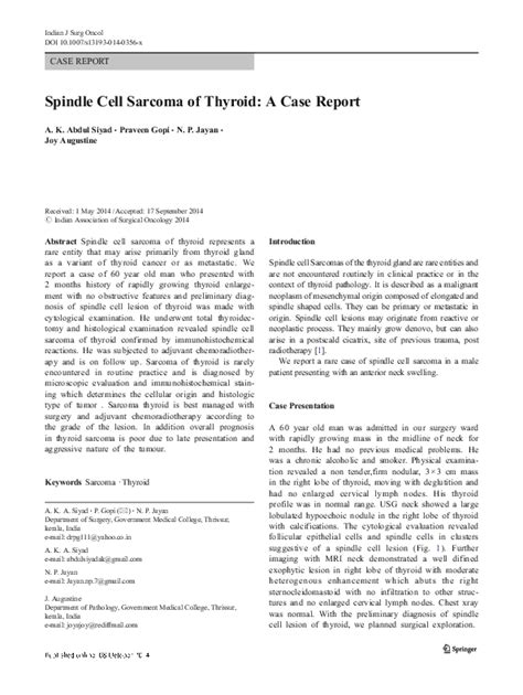 Pdf Spindle Cell Sarcoma Of Thyroid A Case Report Khadra A Siyad