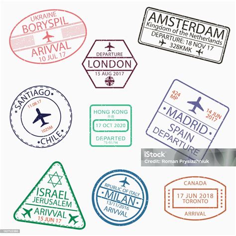 캐나다 우크라이나 네덜란드 영국 칠레 홍콩 스페인 이스라엘 이탈리아 로의 여행을위한 비자 여권 스탬프 비행기와 공항 기호 벡터 비자에 대한 스톡 벡터 아트 및 기타 이미지