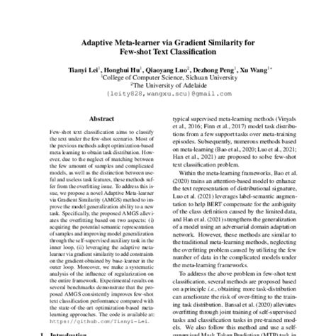 Adaptive Meta Learner Via Gradient Similarity For Few Shot Text Classification Acl Anthology