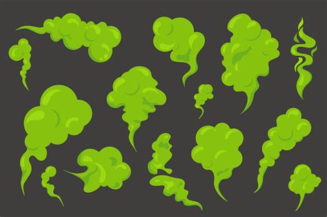 나쁜 구름이 놓입니다 녹색 방귀 독성 연기 만화 냄새 나는 오래된 불쾌한 냄새는 독가스를 연기합니다 먼지 향기 악취 흰색 배경에 고립 된 벡터 개념 겨드랑이에 대한 스톡