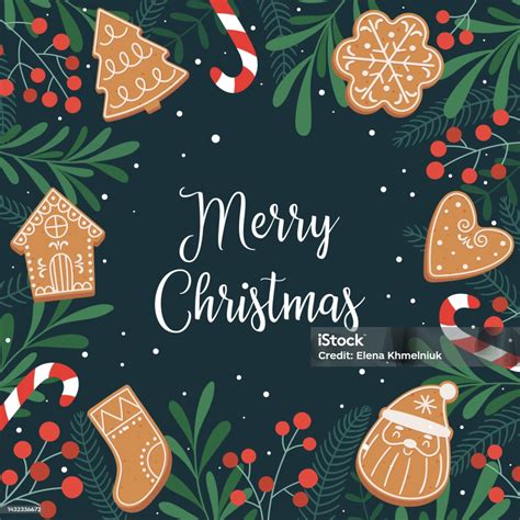 즐거운 성탄절 휴일 카드 또는 진저 브레드 롤리팝 및 겨울 식물로 인쇄 할 수있는 템플릿 크리스마스에 대한 스톡 벡터 아트 및 기타 이미지 Istock