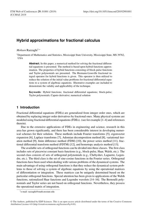 Pdf Hybrid Approximations For Fractional Calculus