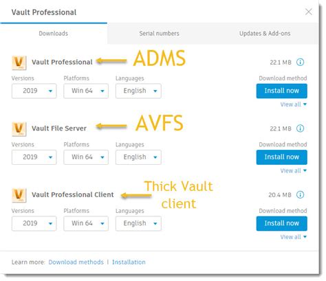 how to download vault server client and avfs from autodesk accounts